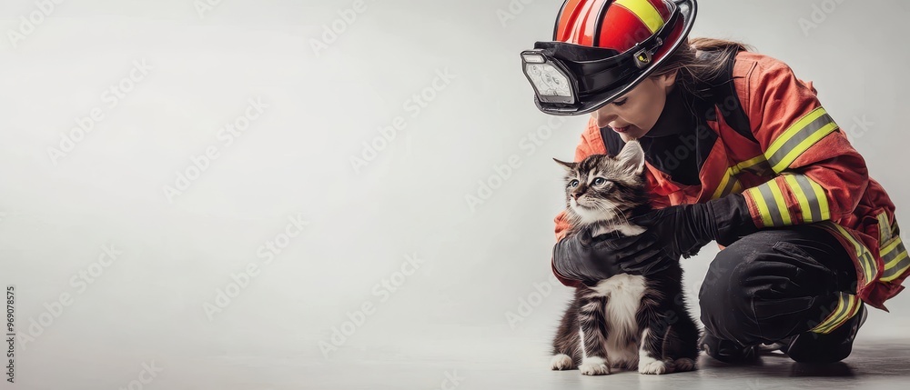 Firefighter woman rescuing a pet, crouching, offering comfort, pure ...