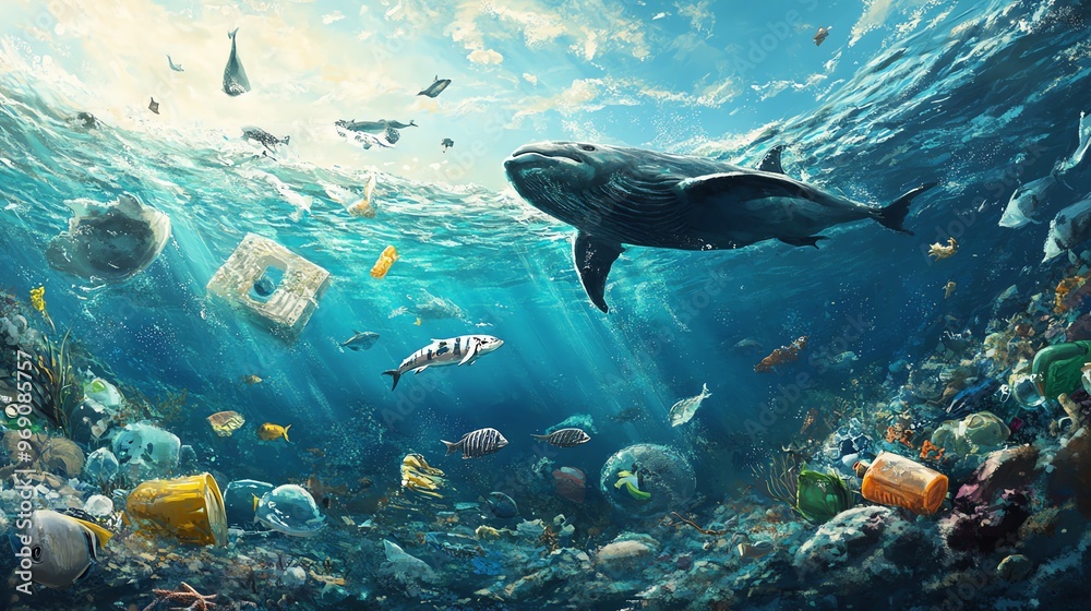 A captivating underwater scene showcasing marine life amidst plastic ...