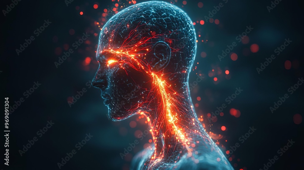Abstract human figure with glowing red nerves radiating from a single ...