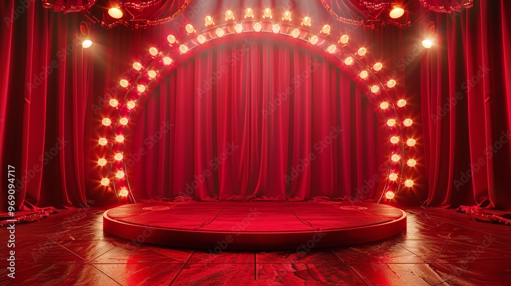 red circus podium on a 3d stage with vintage lights and a carnival ...