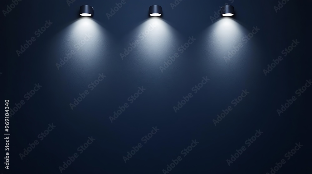 Rich navy blue wall with three spotlights shining from above at narrow ...