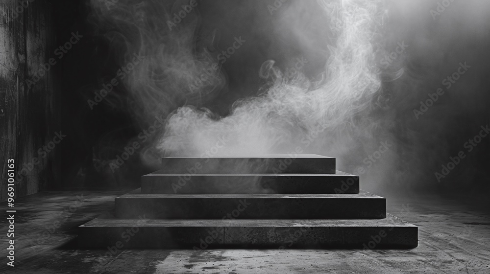 dark room with a black podium and fog spotlight on a concrete wall ...