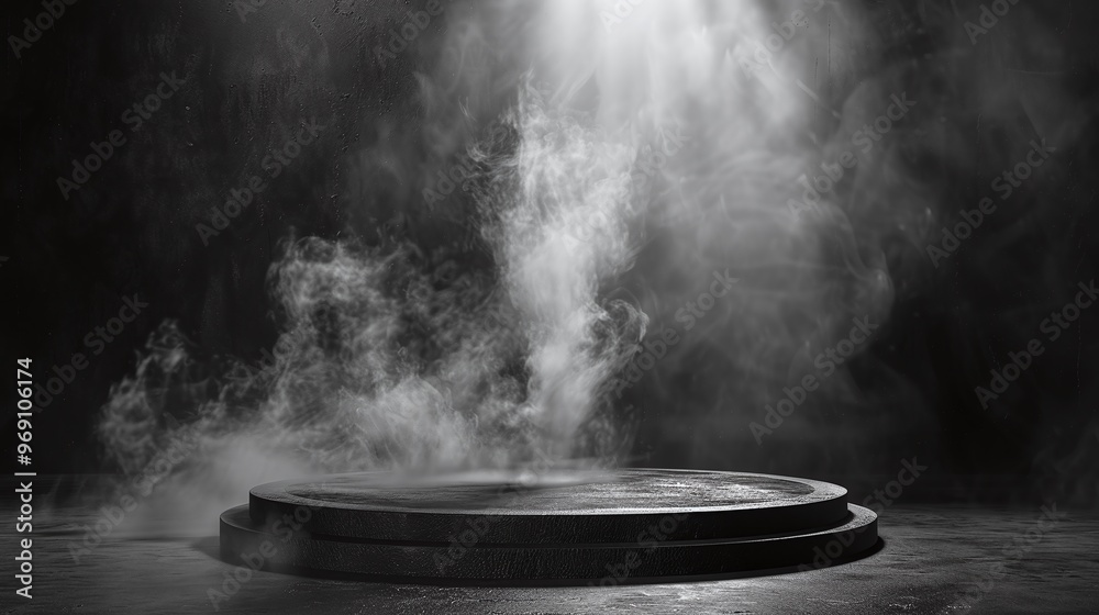dark room with a black podium and fog spotlight on a concrete wall ...