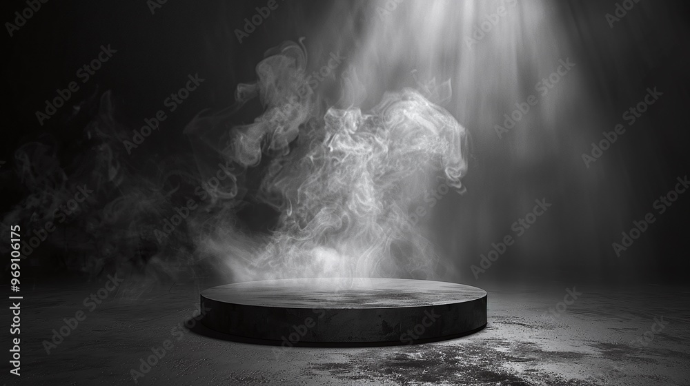 dark room with a black podium and fog spotlight on a concrete wall ...