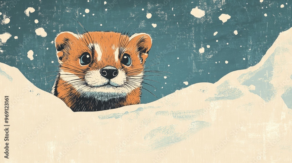 Close up illustration of a short tailed weasel in a snowy setting ...