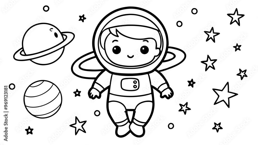 Cute cartoon child astronaut floating in space among planets and stars ...