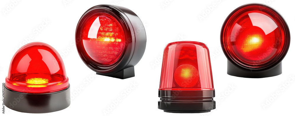 Set of red siren lights, illuminated and flashing, isolated on ...