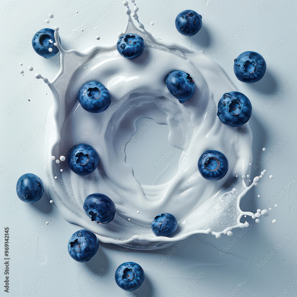 Fresh natural blueberry milk splash swirls circular. Milk liquid ...