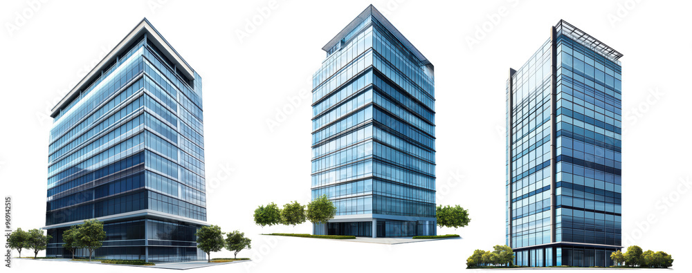 Set of Realistic images of a tall office building, isolated on a ...