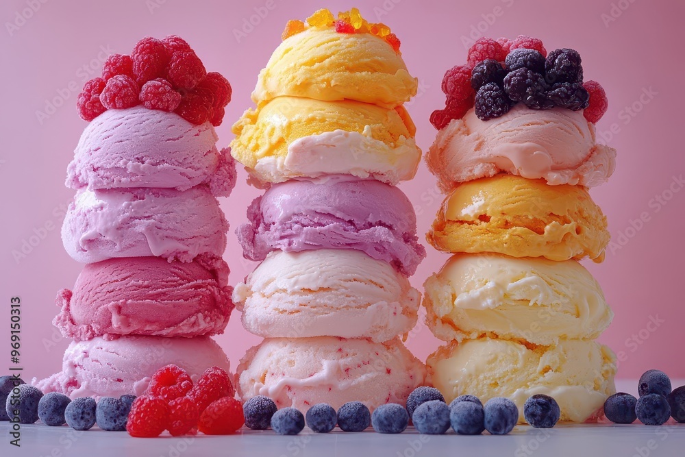 artisanal ice cream tower with exotic flavors and toppings balancing ...