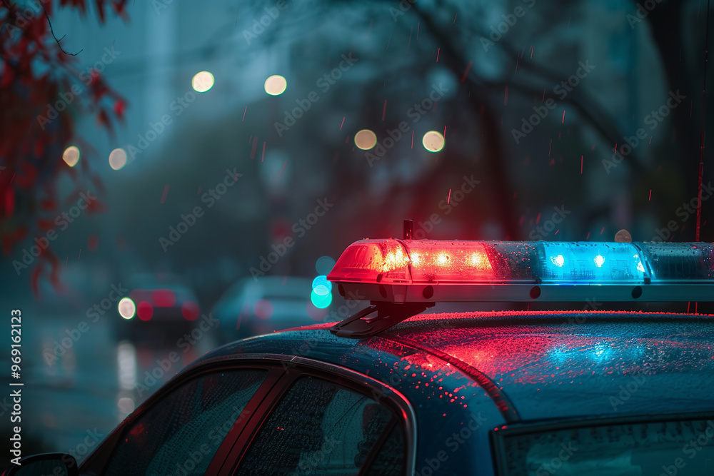 Red and blue flashing lights on a police car close-up, emphasizing law ...