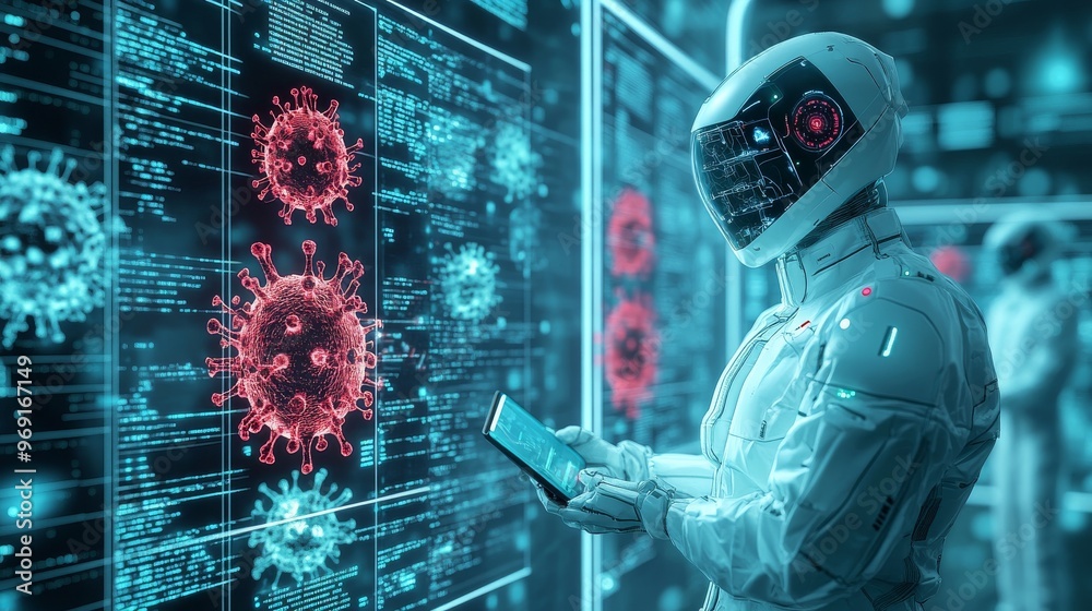Ilustração Futuristic AI-controlled public health monitors tracking ...