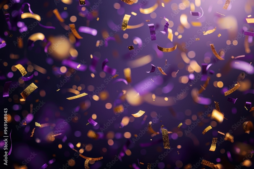 Purple and gold confetti explosion on dark background celebration ...