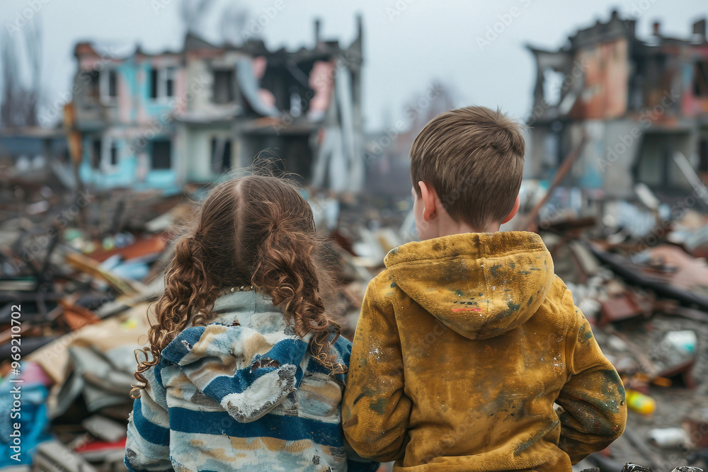 Sad crying victim child person in ruined building destruction war ...