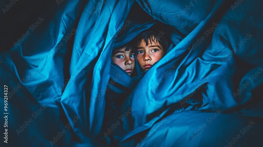 Brother and sister hiding under covers in a refugee shelter, capturing ...