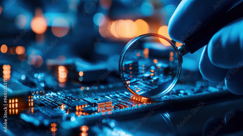 Magnifying glass focused on a tiny defect in a manufactured part ...