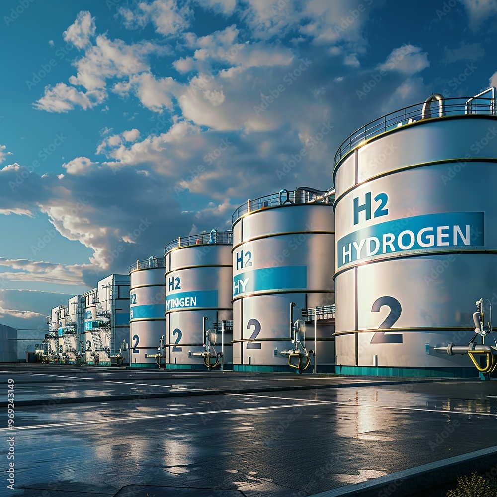 Detailed 3D model of large hydrogen storage tanks prominently labeled ...