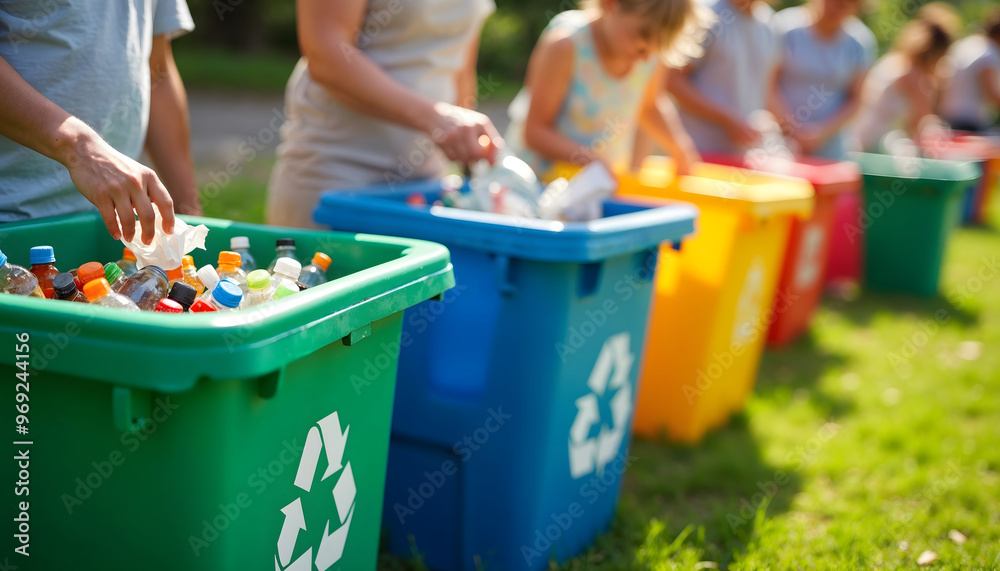 Diverse group of volunteers sorting recyclables into colored bins ...