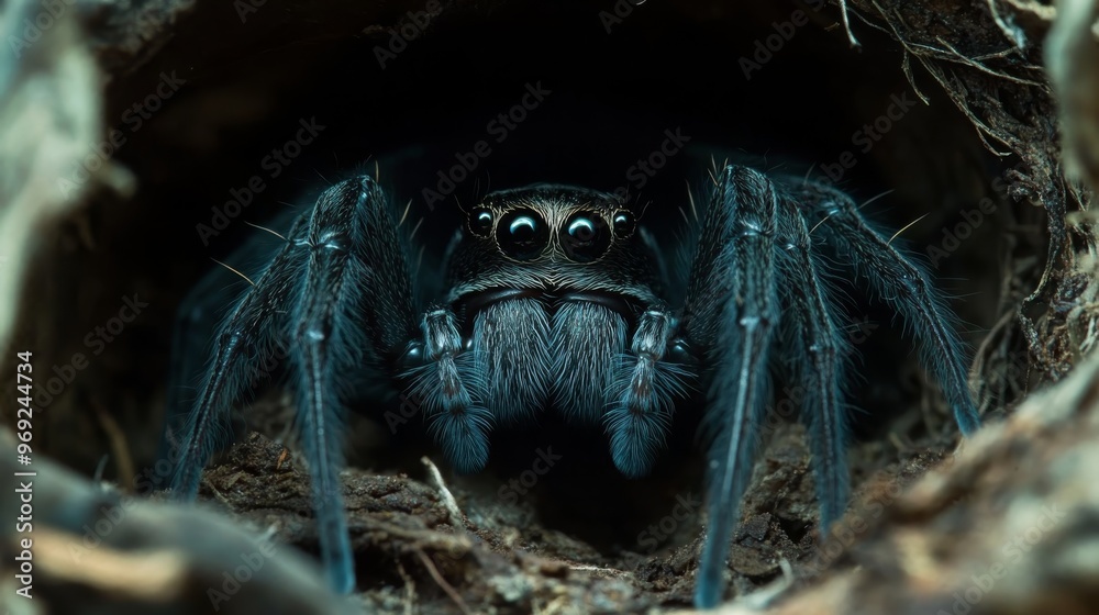 a picture of a large black spider with sharp eyes in its nest and so ...