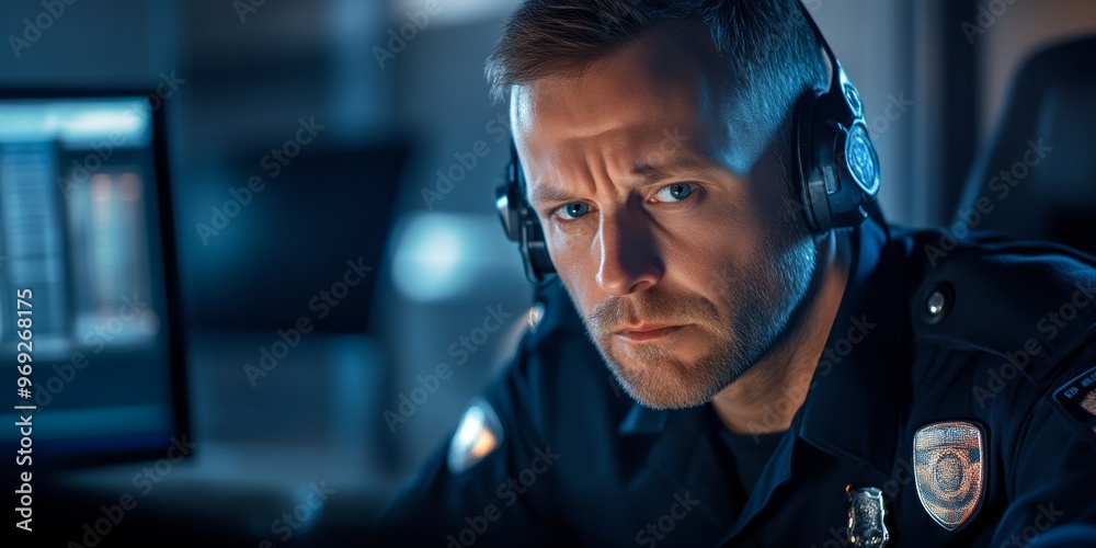 A focused police officer listens intently while monitoring a computer ...