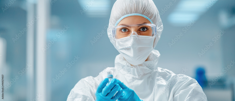 Worker conducting final product checks in a sterile lab environment ...