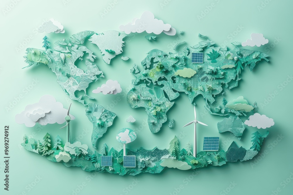 Global Cooperation in Green Energy Solutions: Paper Cut World Map with ...