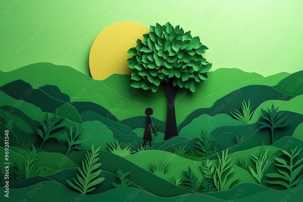 Eco-Friendly Reforestation: Paper Cut Style of Person Planting Tree in ...