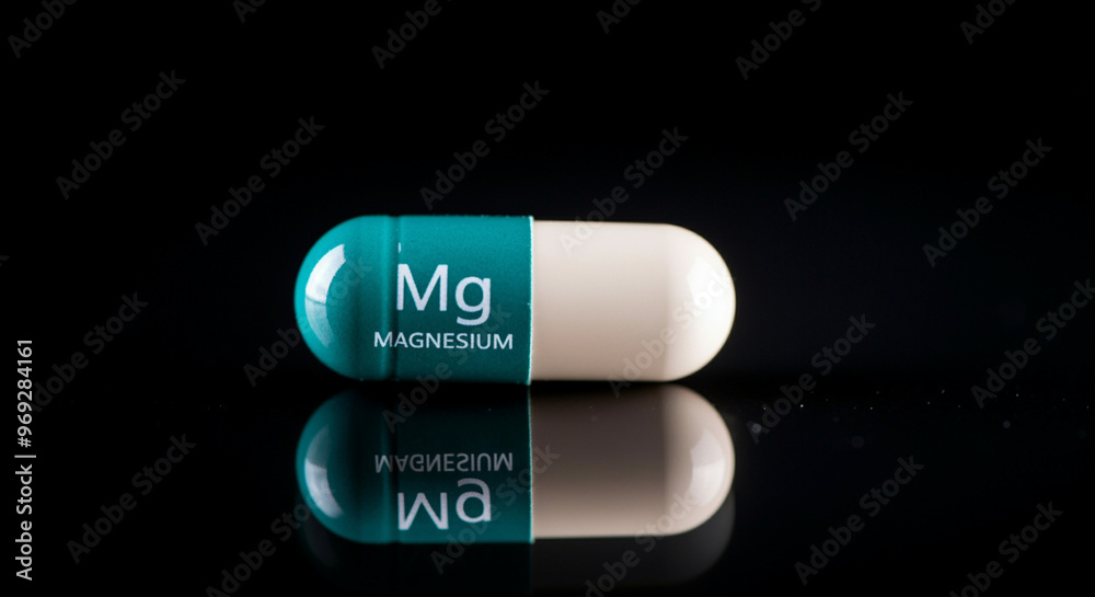 Magnesium capsule with label on shiny surface showcasing health ...