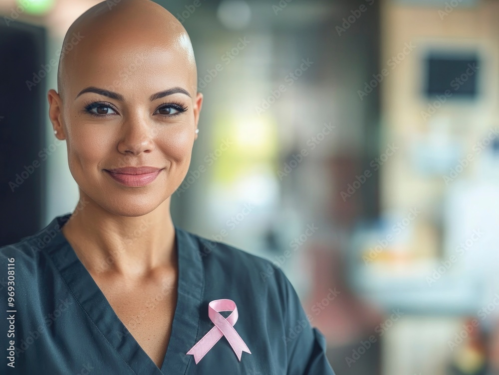 Bald latina woman posing with pink ribbon lapel pin - symbol of the ...