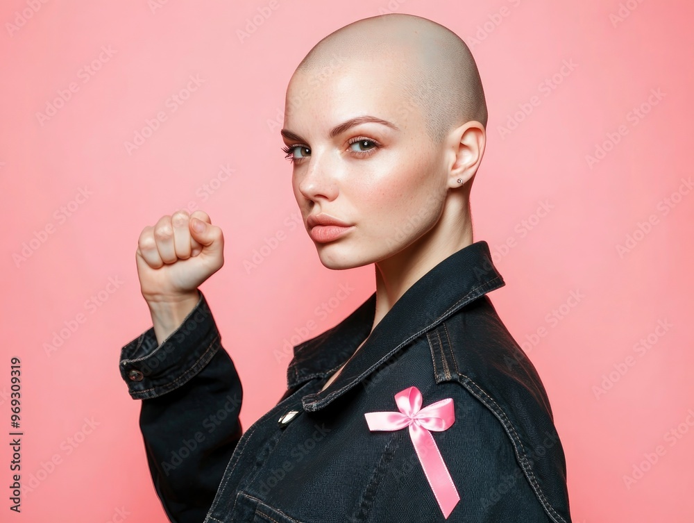 Bald pretty woman showing fist, pink ribbon lapel pin - symbol of the ...
