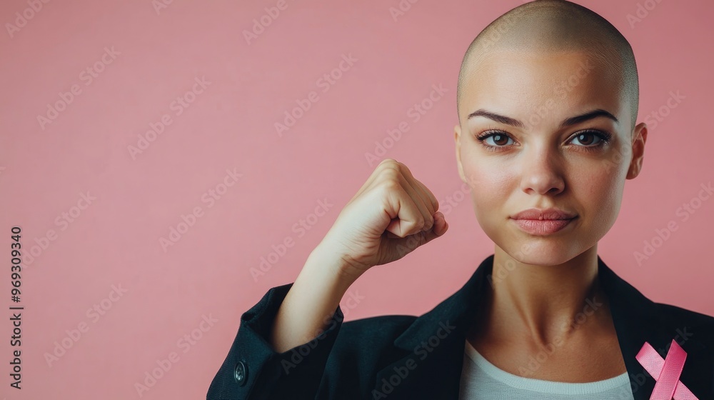 Bald pretty woman showing fist, pink ribbon lapel pin - symbol of the ...