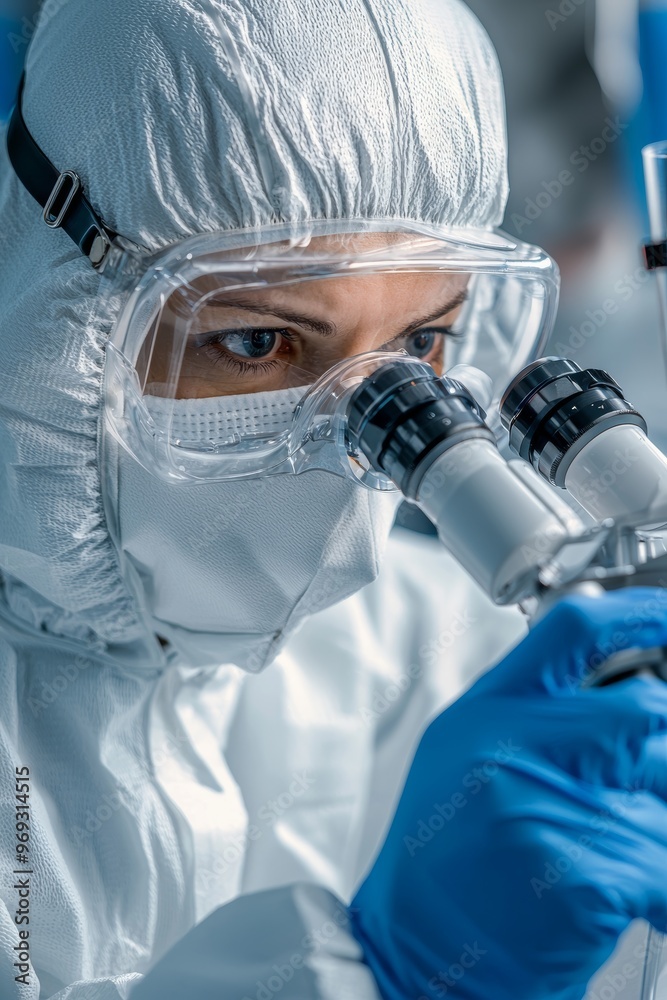 Worker conducting final product checks in a sterile lab environment ...