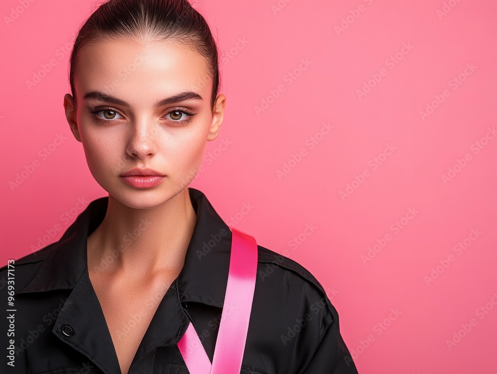 Short trimmed pretty woman poses with a serious look with a pink ribbon ...
