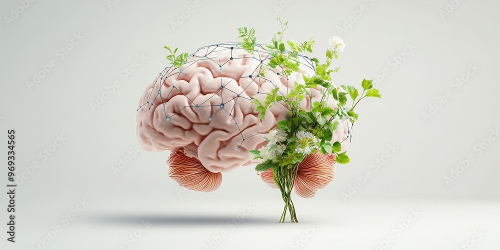 A human brain visualized with AI neural networks, intertwined with ...