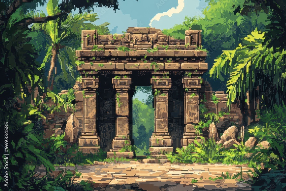 Pixelated Jungle Adventures - Retro scene with ancient temples and ...