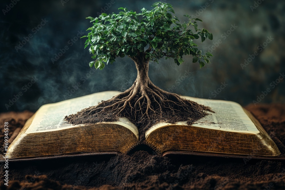 Cross with roots deep in an open Bible, illustrating vitality and ...