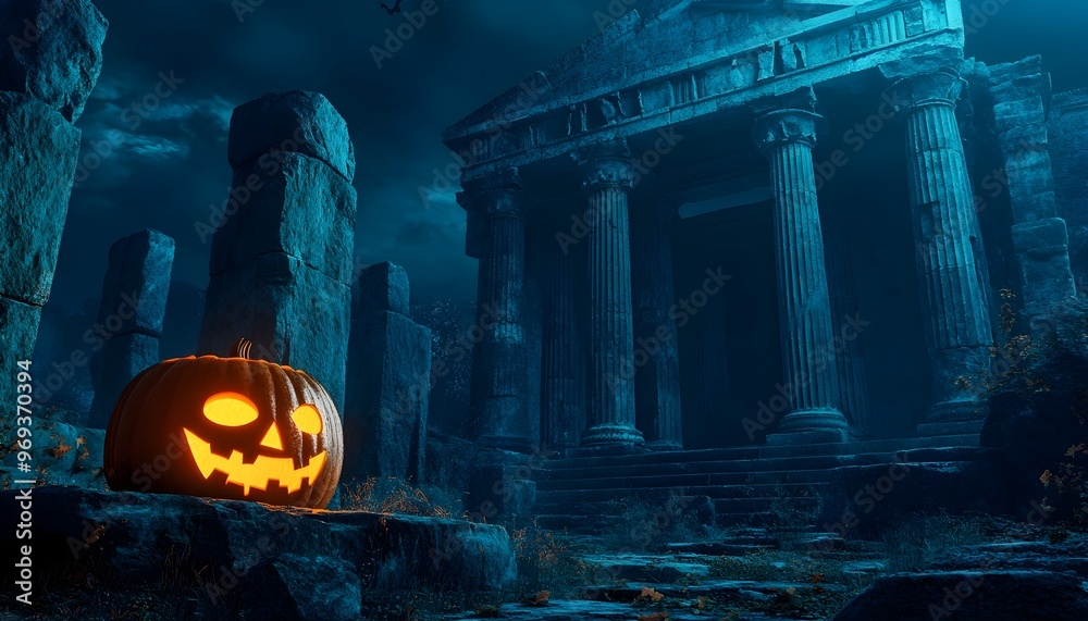 Glowing jack o lantern sitting amidst the crumbling columns of an ...