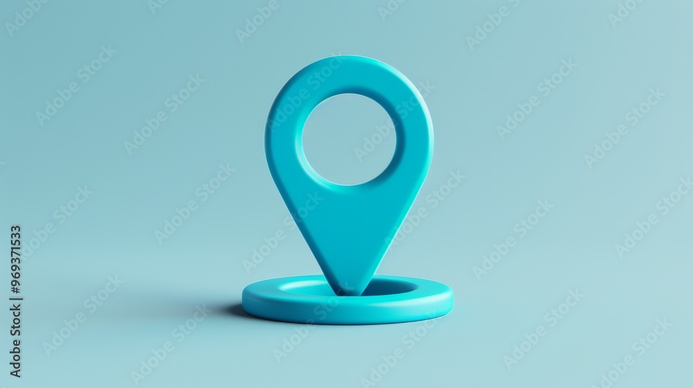 A blue 3D map pin icon on a light blue background. The pin is standing ...