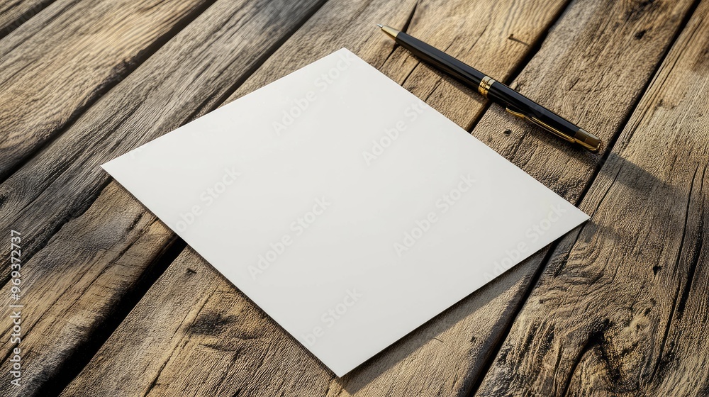 Blank A4 paper and a pen laid on a deck with a rustic wood texture ...