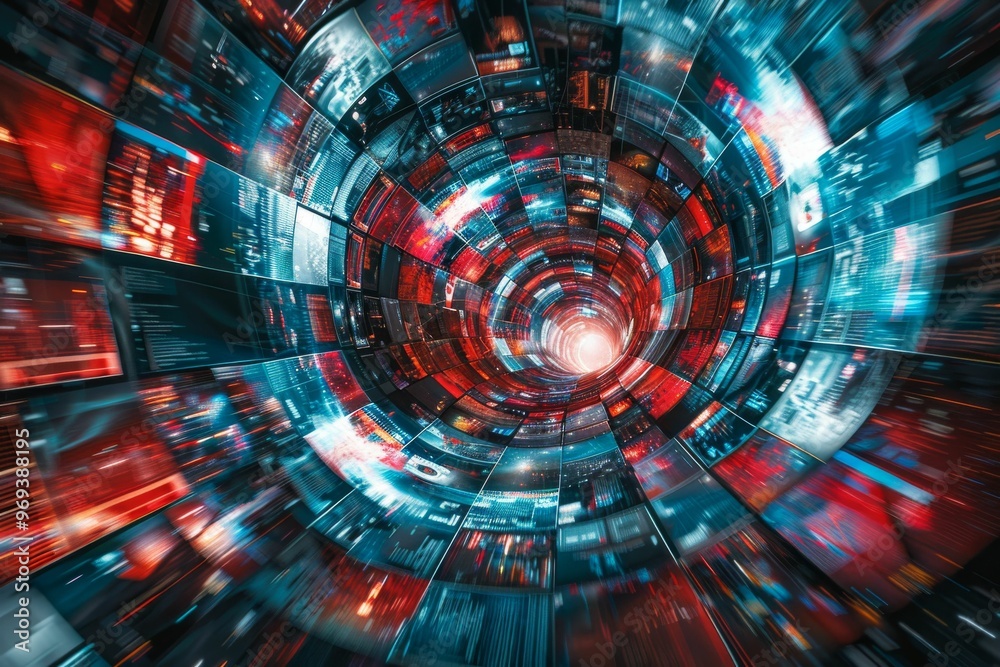 Tunnel made of twisted newspapers headlines creating swirling effect of ...