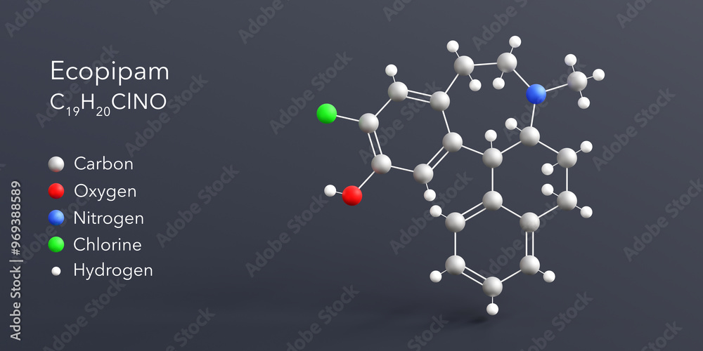 ecopipam molecule 3d rendering, flat molecular structure with chemical ...