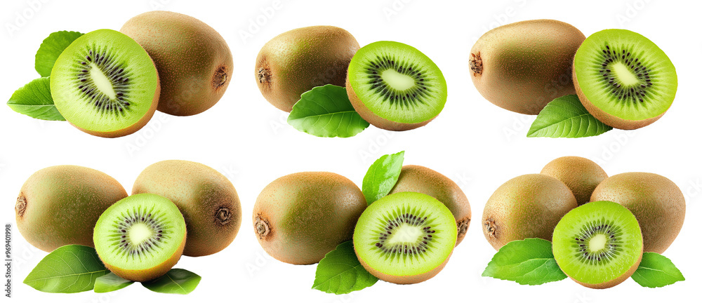 set kiwi fruit and kiwi cut in half with green leaves isolated on a ...