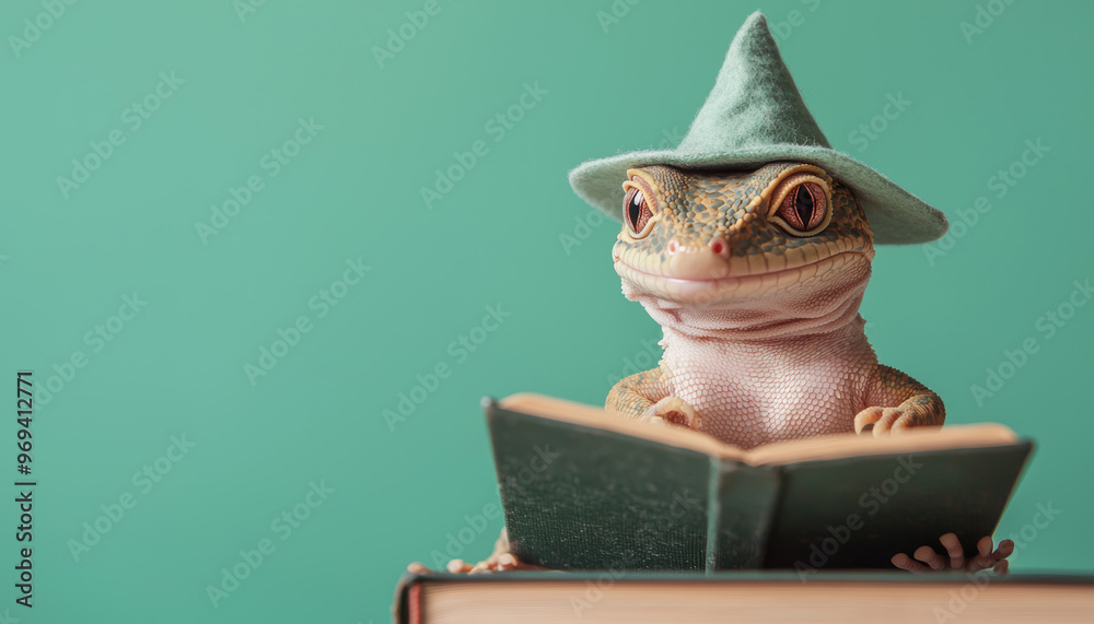 Gecko dressed as a wizard with a tiny pointy hat, standing on a ...