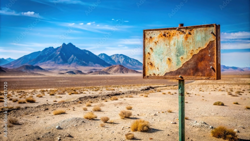 Aged metal sign with rusted edges and faded paint guards the entrance ...