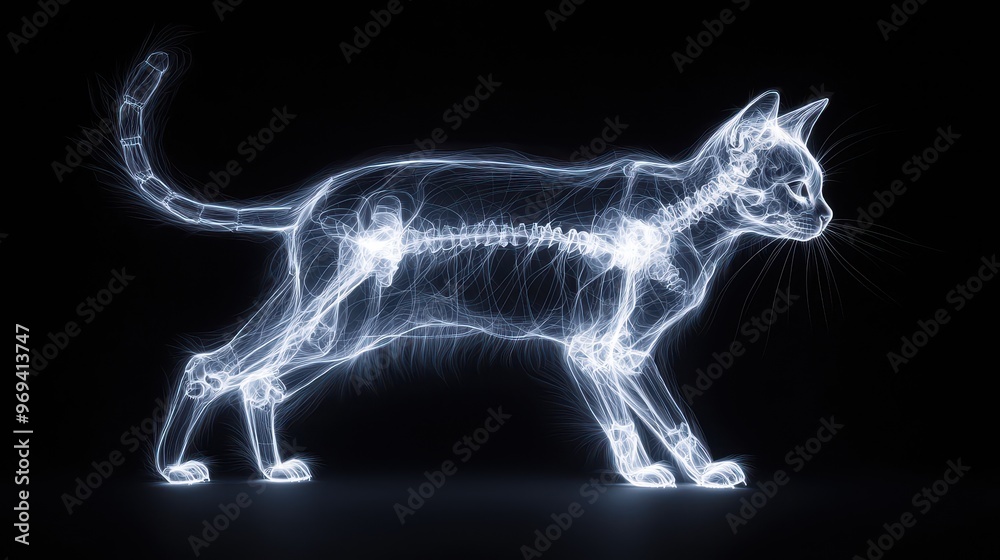 X-ray image of a cat showing its skeletal structure against a black ...