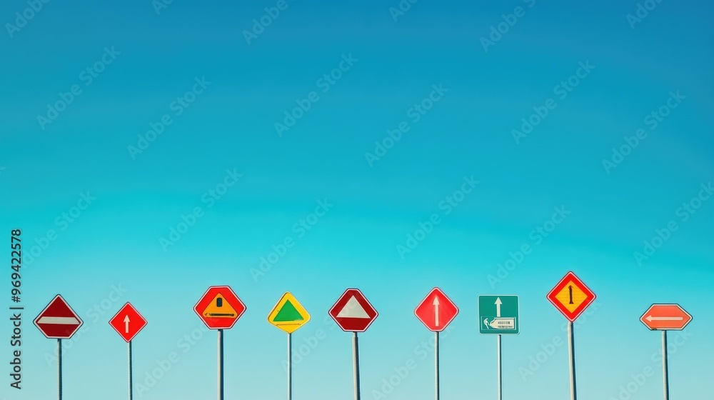 Pattern of hexagonal road signs against a clear blue sky, representing ...
