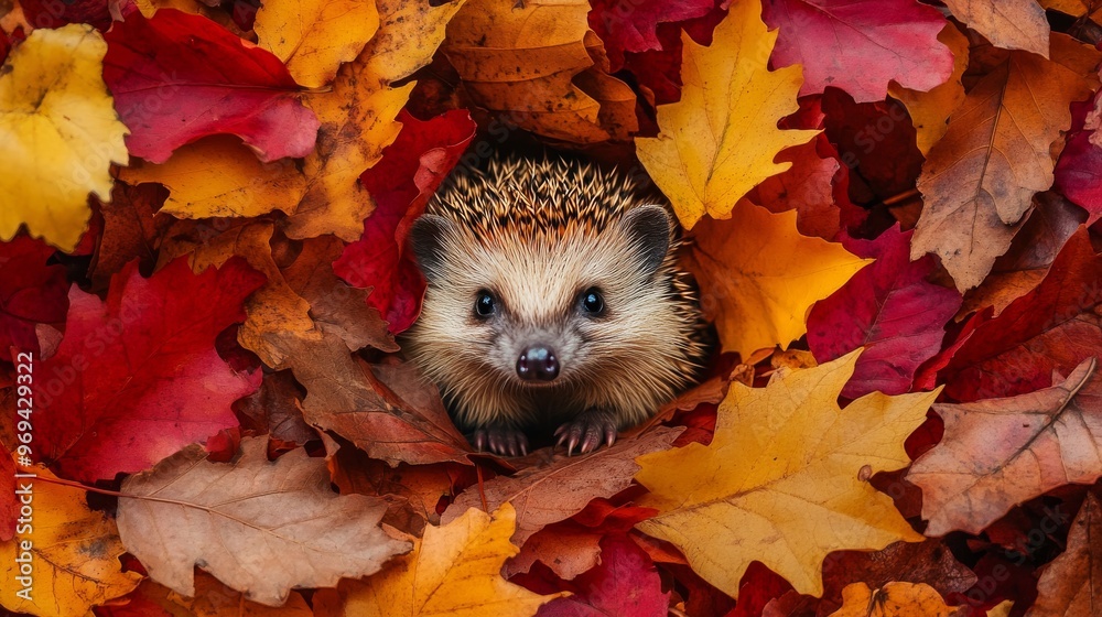 cute hedgehog peeks out from an autumn leaf pile surrounded by vibrant ...