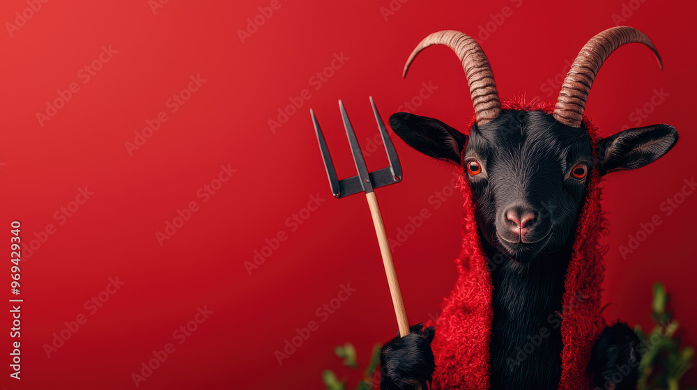 Goat in a devil costume with tiny horns and a pitchfork, devil goat ...