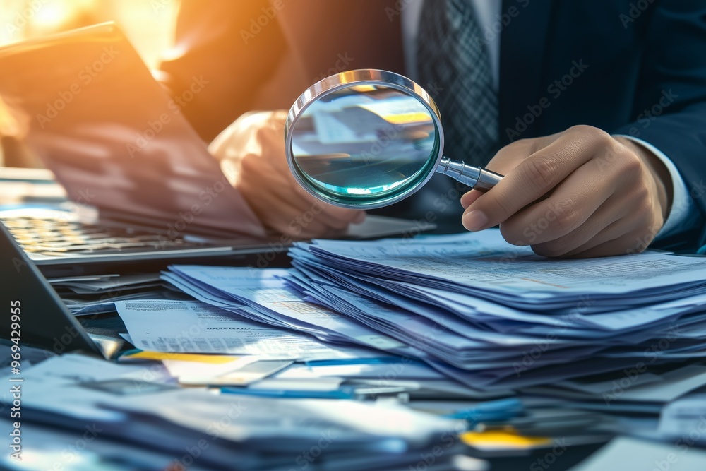 A professional in business attire examining financial reports with a ...
