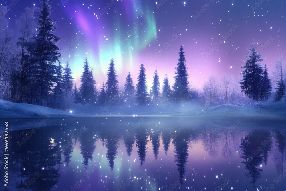 Magical winter solstice landscape featuring sparkling purple and frosty ...